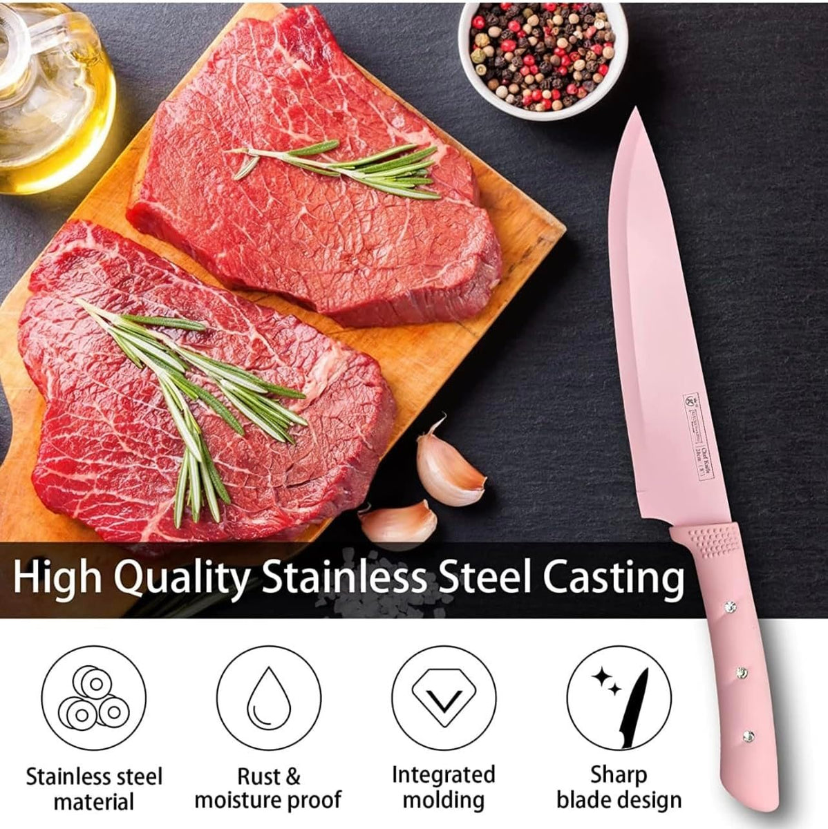 Kitchen Knife Set, Pink Flower 6PC Stainless Steel Sharp Chef Cooking ...